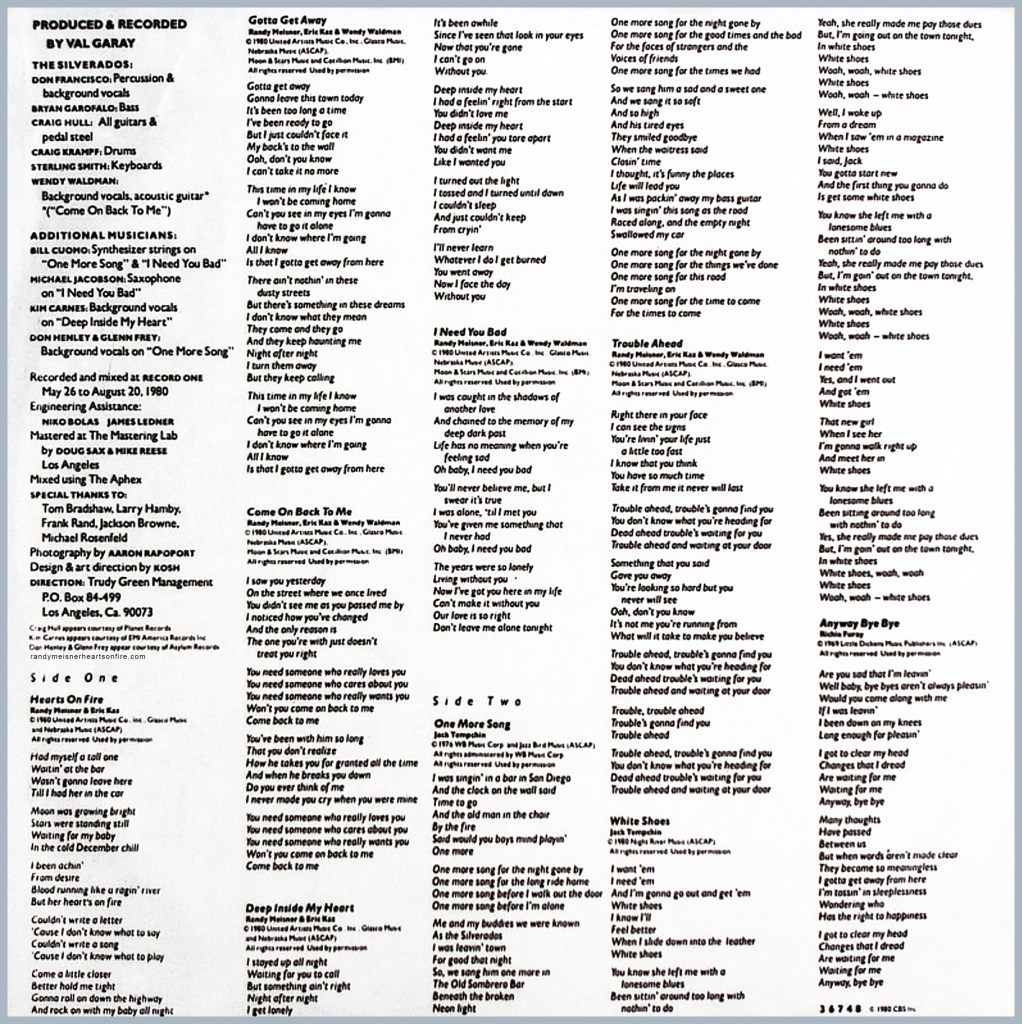 Randy Meisner One More Song album 1980 - Randy Meisner Hearts On Fire